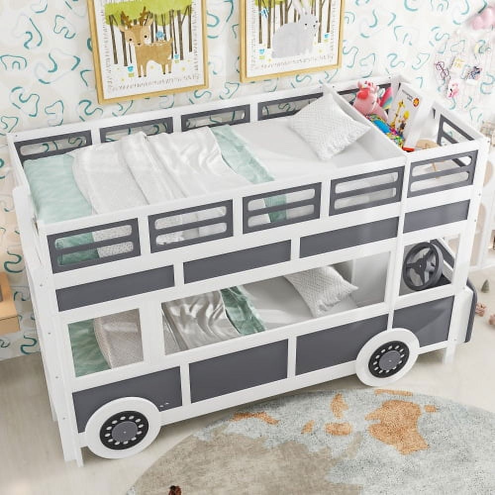 CITYLE Twin over Twin Bunk Bed Bus-shaped with Wheels and Storage, Wood ...