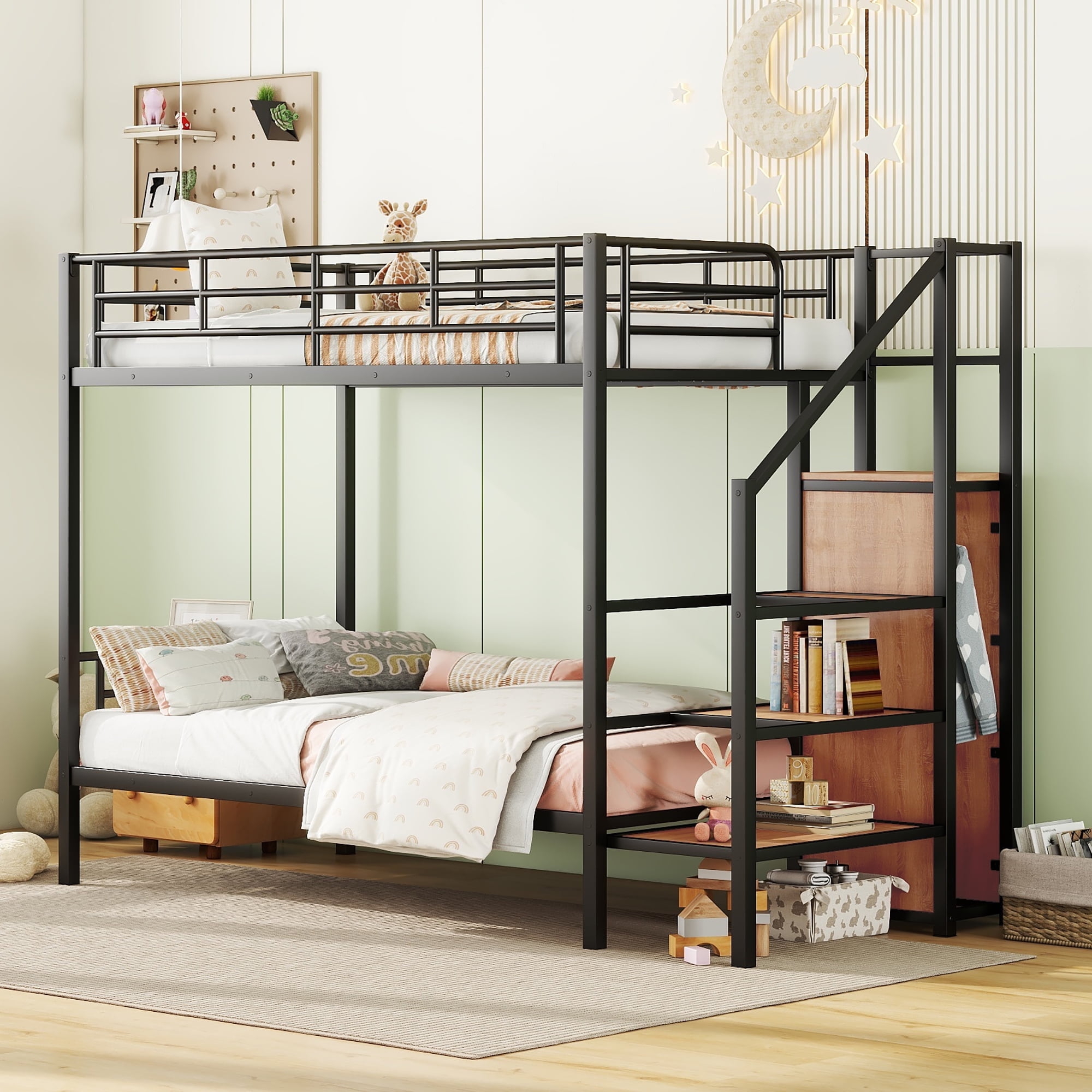 CITYLE Twin over Twin Metal Bunk Bed with Storage Staircase and ...