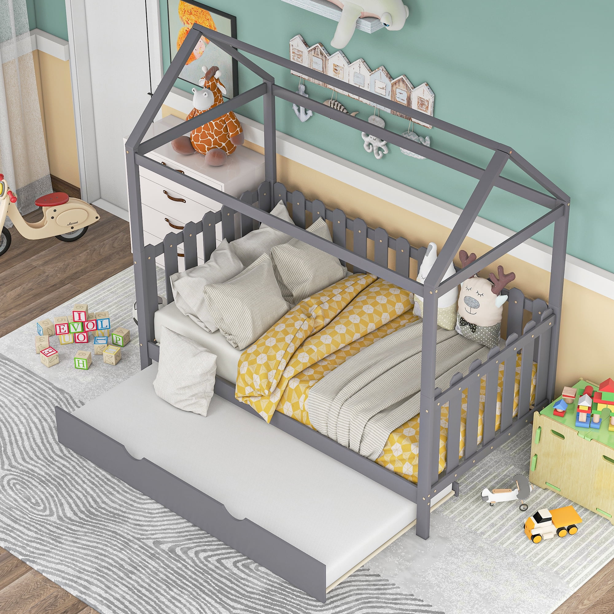 CITYLE Wooden Frame Twin House Bed with Trundle, Guardrail, No Box ...