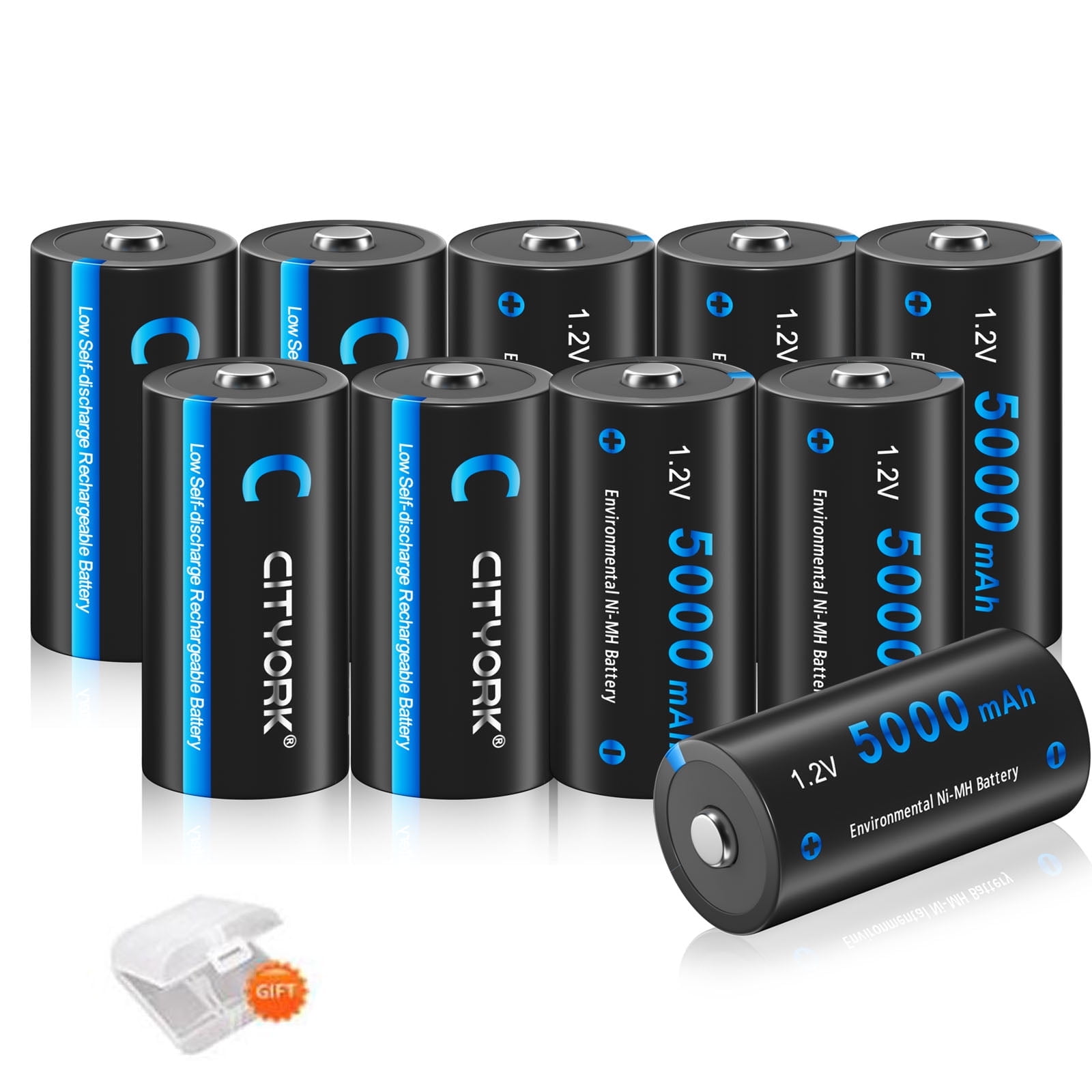 CITYORK 10 Pack 5000mAh 1.2V Ni-MH High Capacity C Size Rechargeable ...