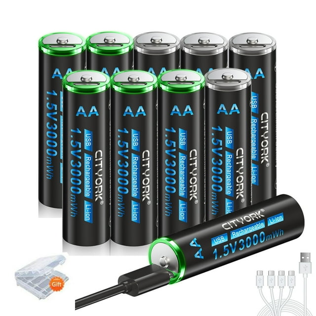 CITYORK 10 Pack AA Batteries Type-C USB 3000mWh 1.5V Lithium High ...