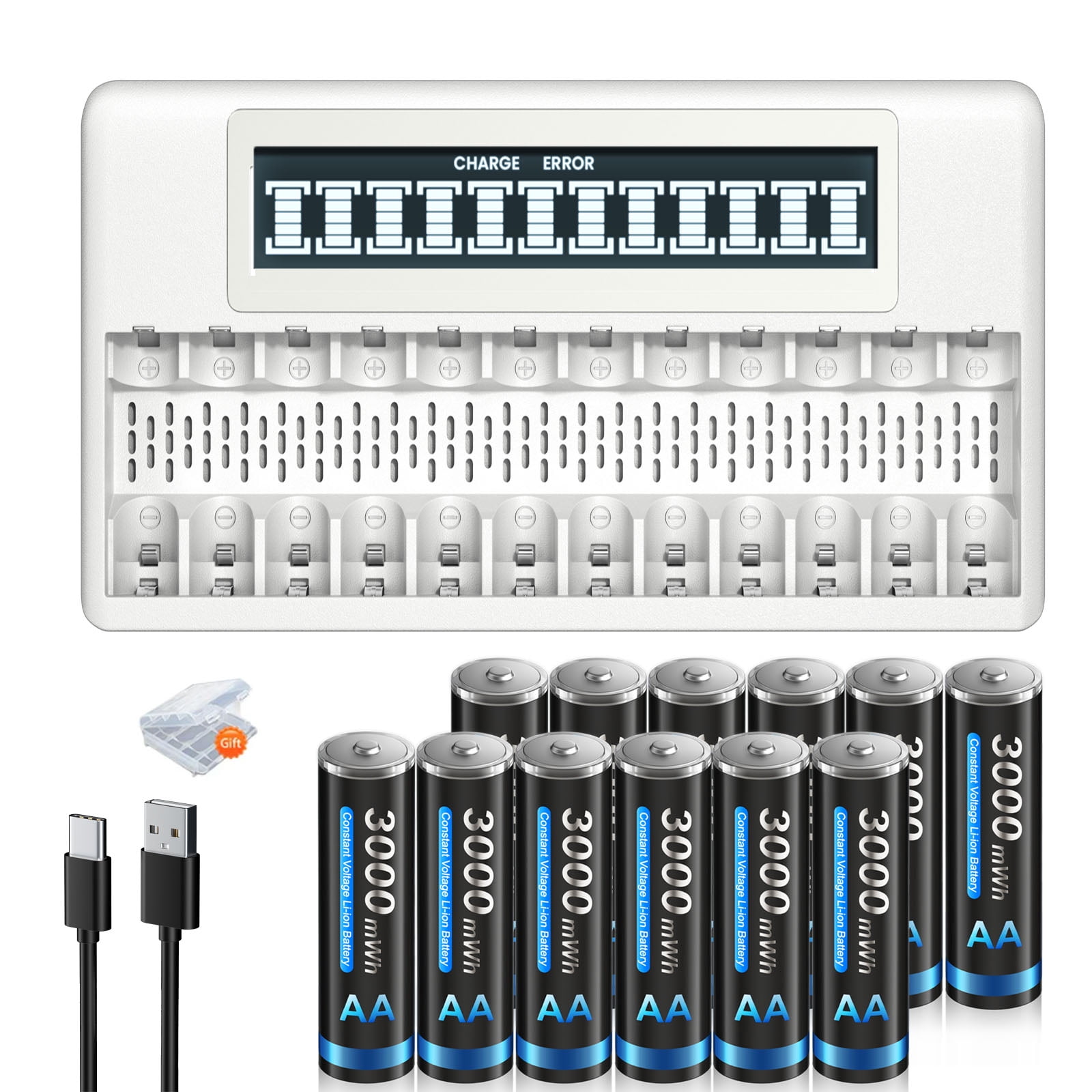 CITYORK 12 Pack AA Batteries 3000mWh Li-ion Rechargeable Batteries with ...