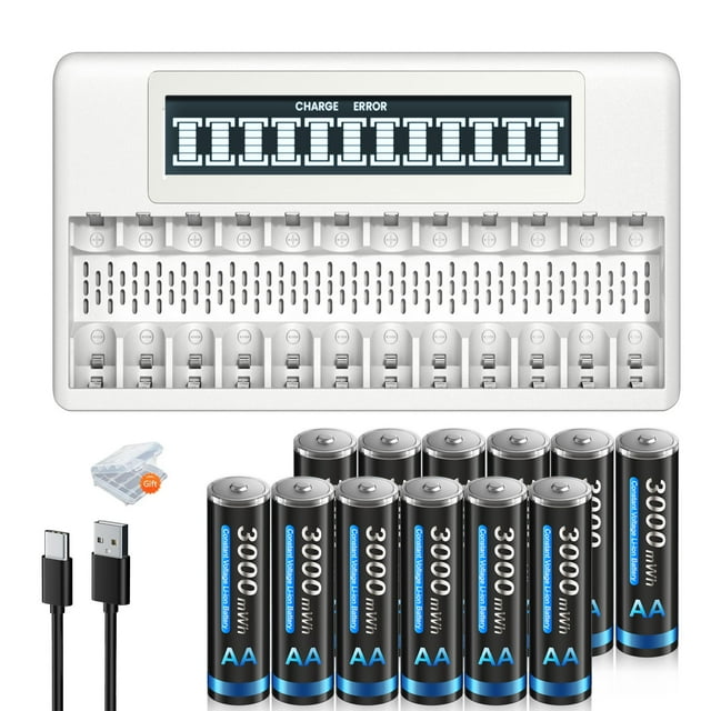 CITYORK 12 Pack AA Batteries 3000mWh Li-ion Rechargeable Batteries with 12 Slot Battery Charger ...