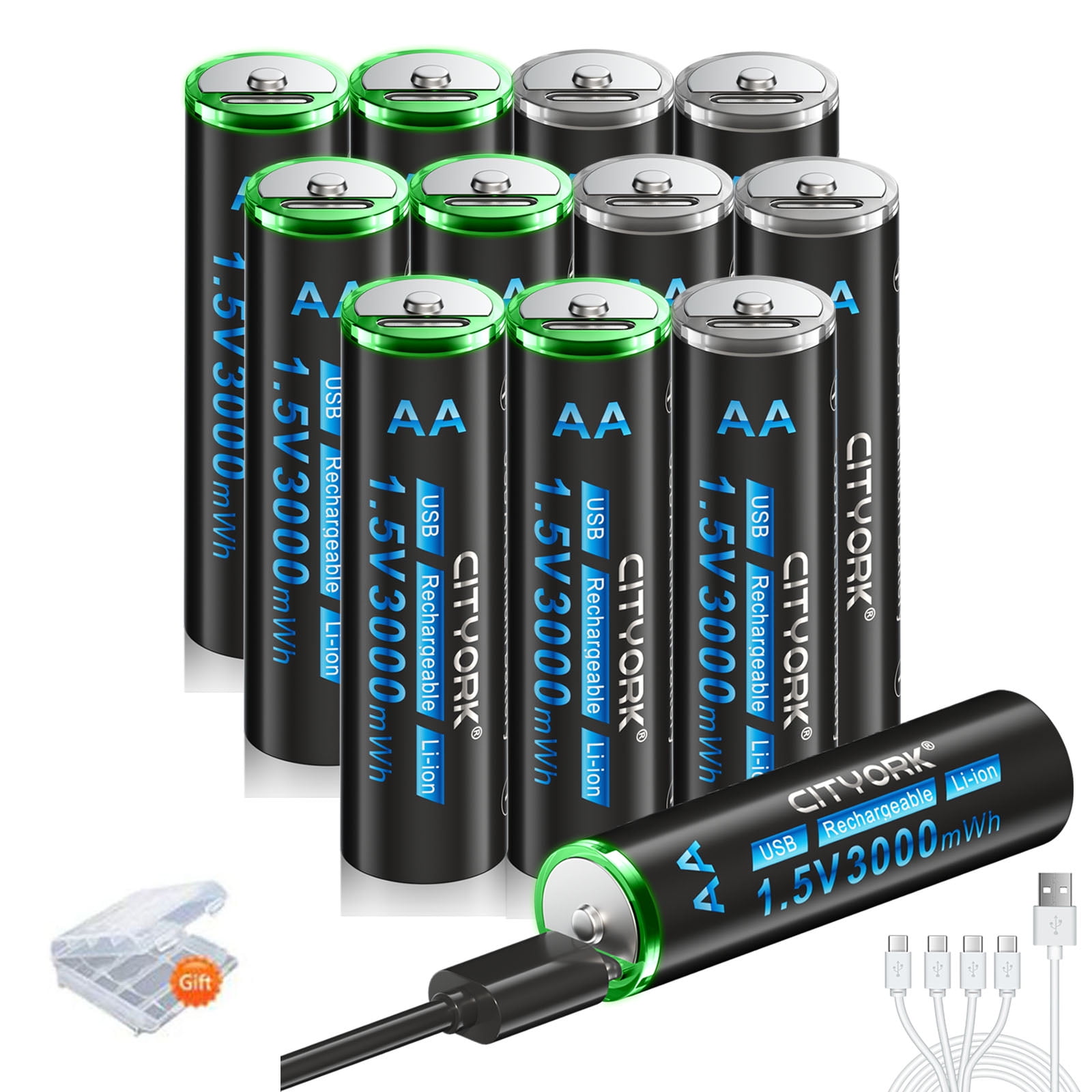 CITYORK 12 Pack AA Batteries Type-C USB 3000mWh 1.5V Lithium High ...