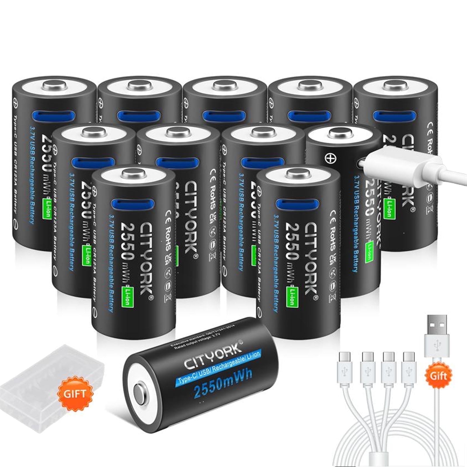 CITYORK 16350 CR123A Battery, 12-Pack 2550mWh 3.7V Lithium-ion TYPE-C ...