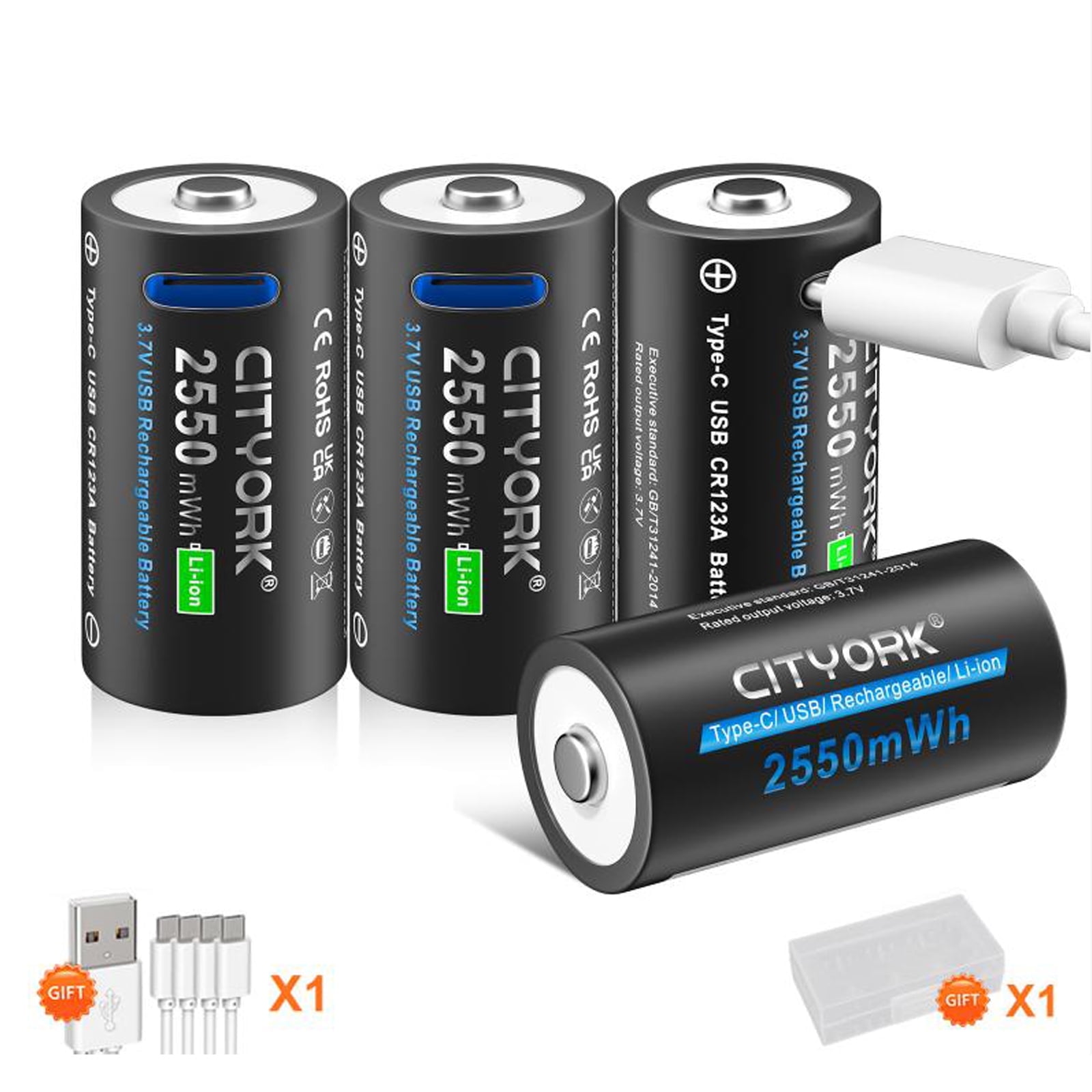 CITYORK 16350 CR123A Battery, 4-Pack 2550mAh Lithium-ion TYPE-C Quick ...