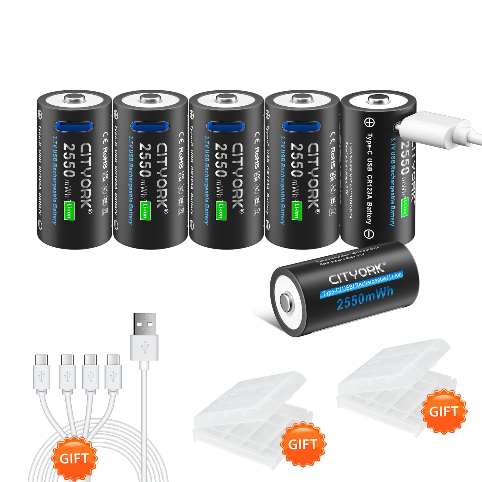 CITYORK 16350 CR123A Battery, 6-Pack 2550mWh 3.7V Lithium-ion TYPE-C ...
