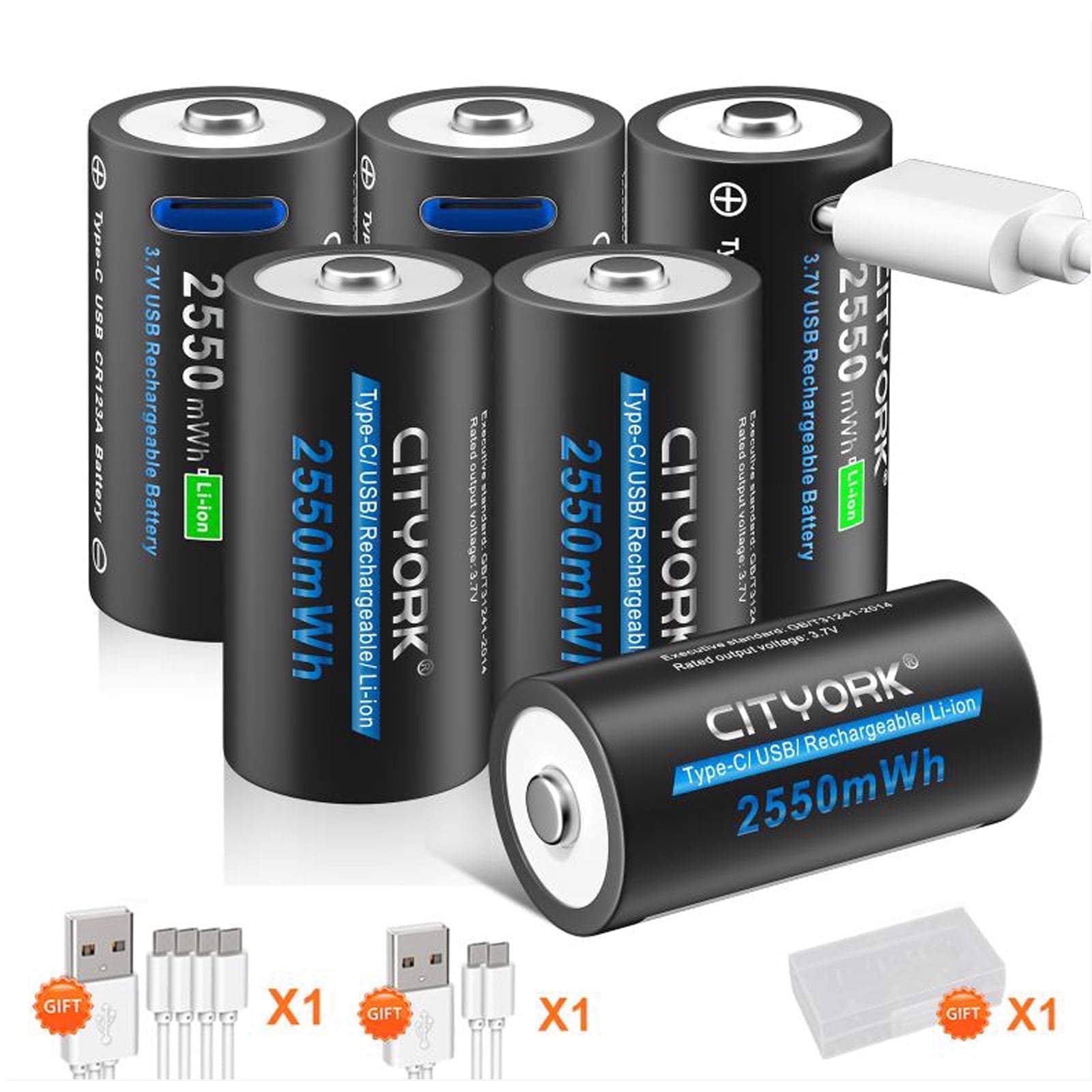 CITYORK 16350 CR123A Battery, 6-Pack 2550mWh 3.7V Lithium-ion TYPE-C ...
