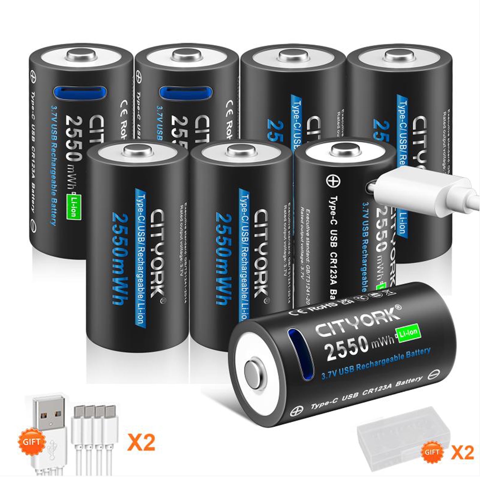 CITYORK 16350 CR123A Battery, 8-Pack 2550mAh Lithium-ion TYPE-C Quick ...