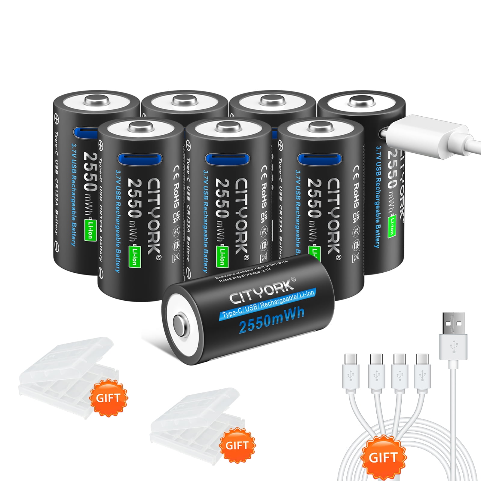 CITYORK 16350 CR123A Battery, 8-Pack 2550mWh 3.7V Lithium-ion TYPE-C ...