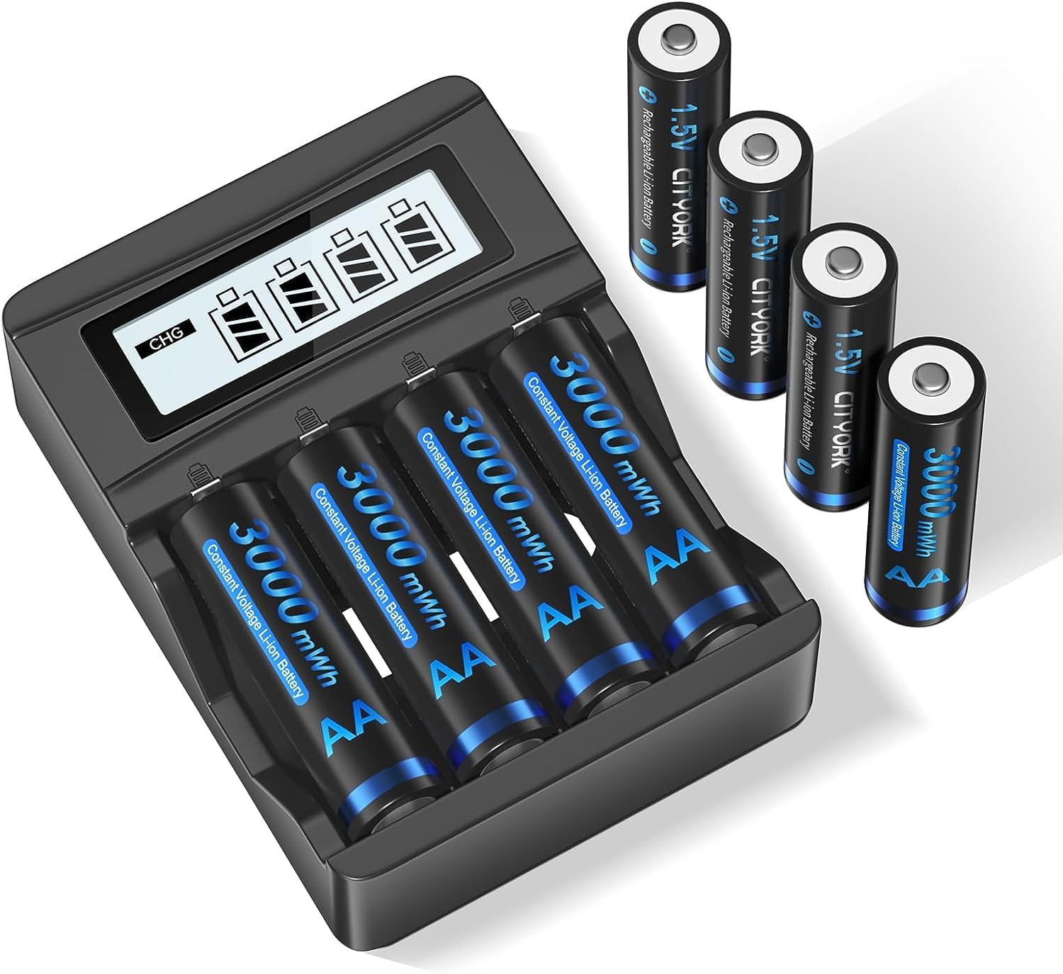 CITYORK 4 Pack 1.5v AA 3000mWh Lithium Rechargeable Batteries with 1.5V Fast Battery Charger ...