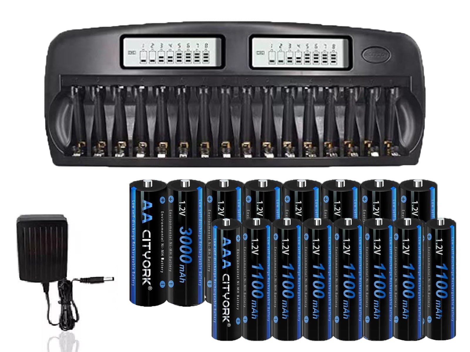 CITYORK Rechargeable Battery Set, 16 Slot Charger with Discharge ...