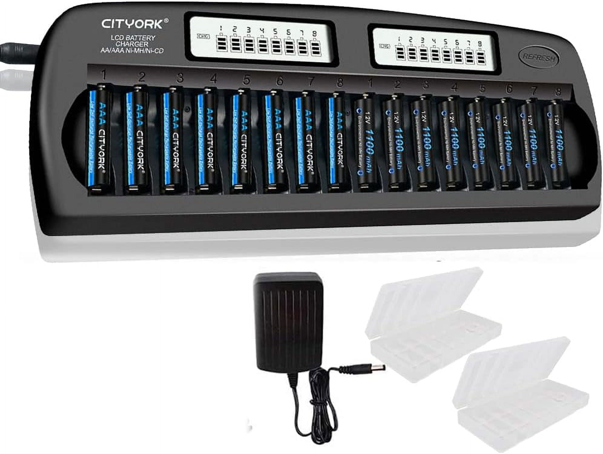 CITYORK 8 AA Batteries and 8 AAA Ni-MH Rechargeable Batteries with 16 Slot Battery Charger with ...