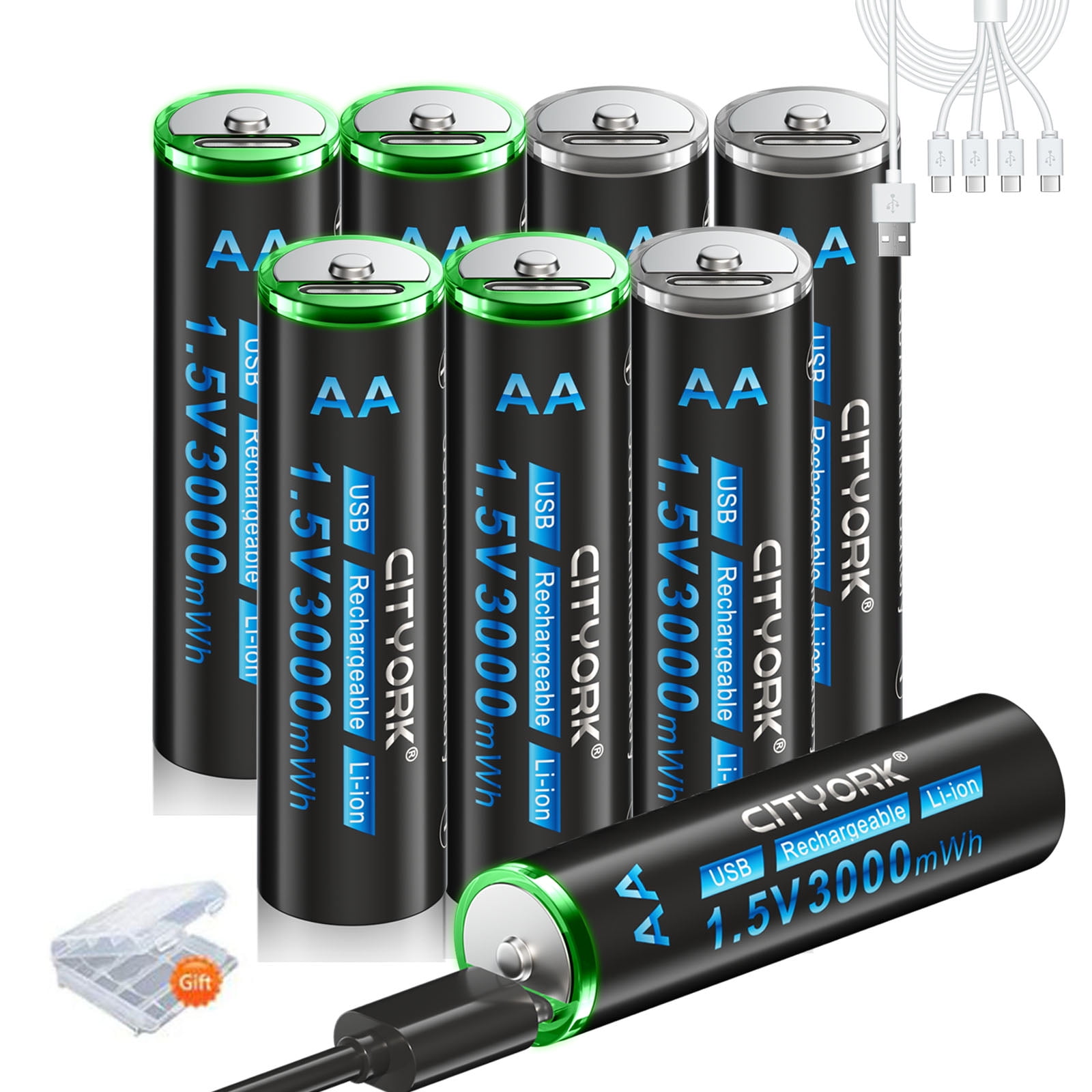 CITYORK 8 Pack AA Batteries Type-C USB 3000mWh 1.5V Lithium High Capacity AA Rechargeable ...