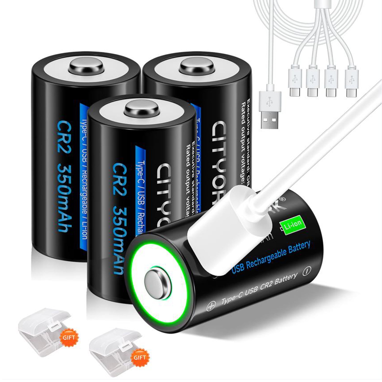 CITYORK CR2 Lithium Batteries ，4 Pack 3V 350mAh Lithium-ion TYPE-C ...