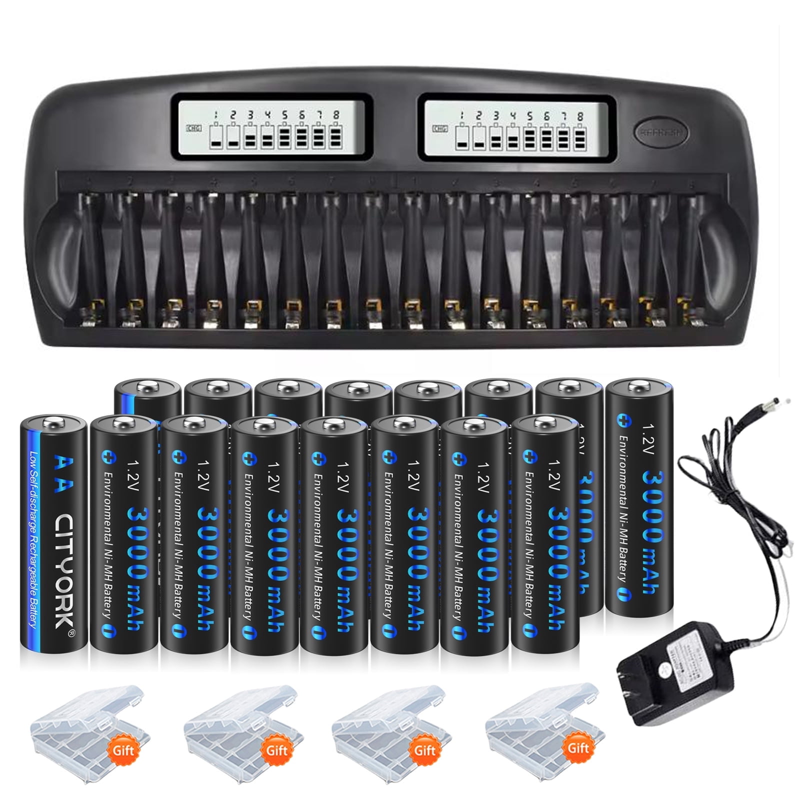 CITYORK Rechargeable AA Batteries with Charger, 16 Pack 3000mAh High ...