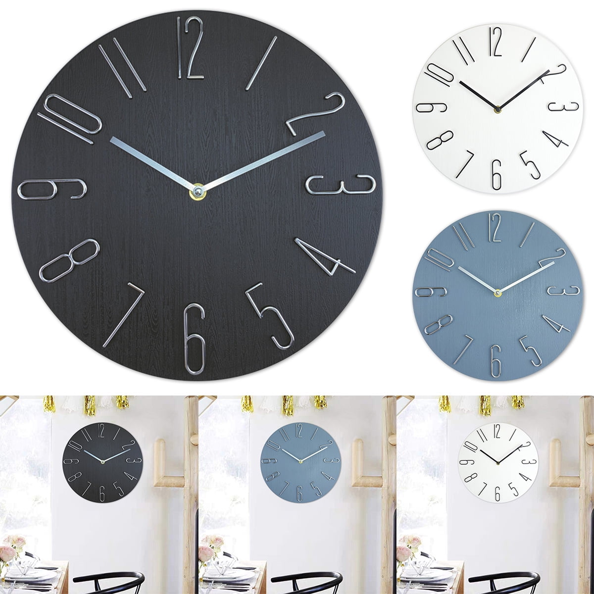 CIVG 12 Inch Large Wall Clock 3D Number Decorative Wall Clock Non ...