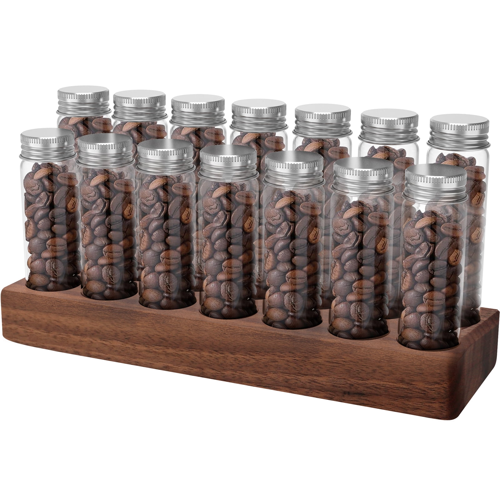 CIVG 7/14pcs Coffee Bean Storage Tubes with Walnut Wood Display Stand ...