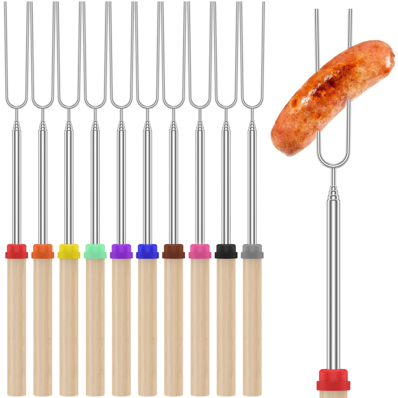 CIVG BBQ Forks Marshmallow Roasting Sticks with Wooden Handle Extendable Forks Set of 8/10pcs 32 ...
