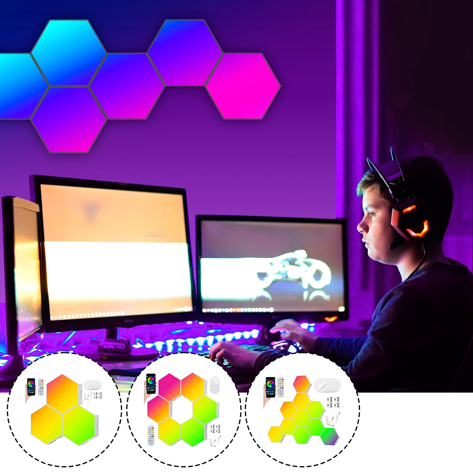 Walmart Hexagon LED Gamer Lights - 6 Pack RGB-IC Honeycomb Decoration ...
