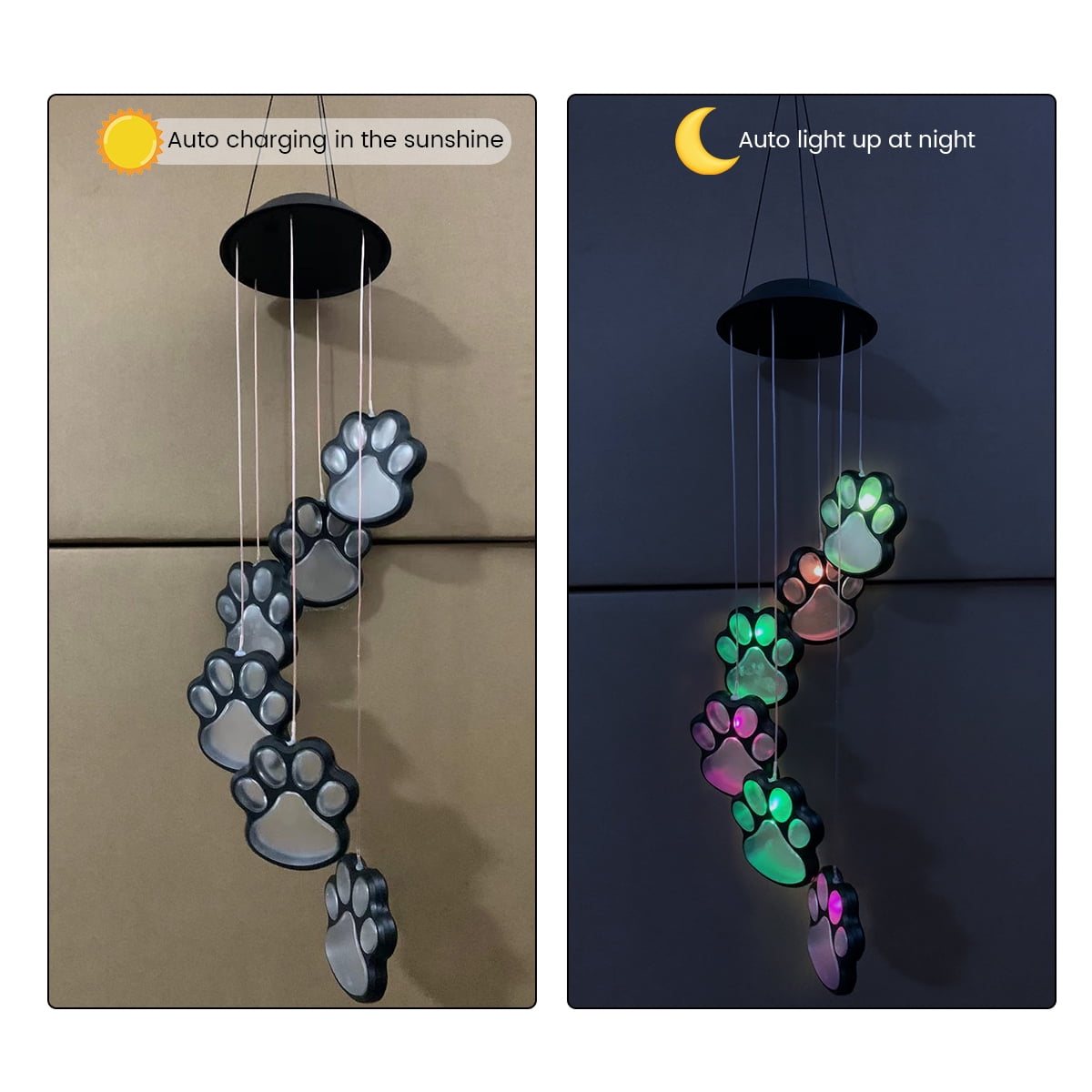 CIYAPED Solar LED Wind Chime Lamp Paw Print Solar Wind Chime IP65 ...