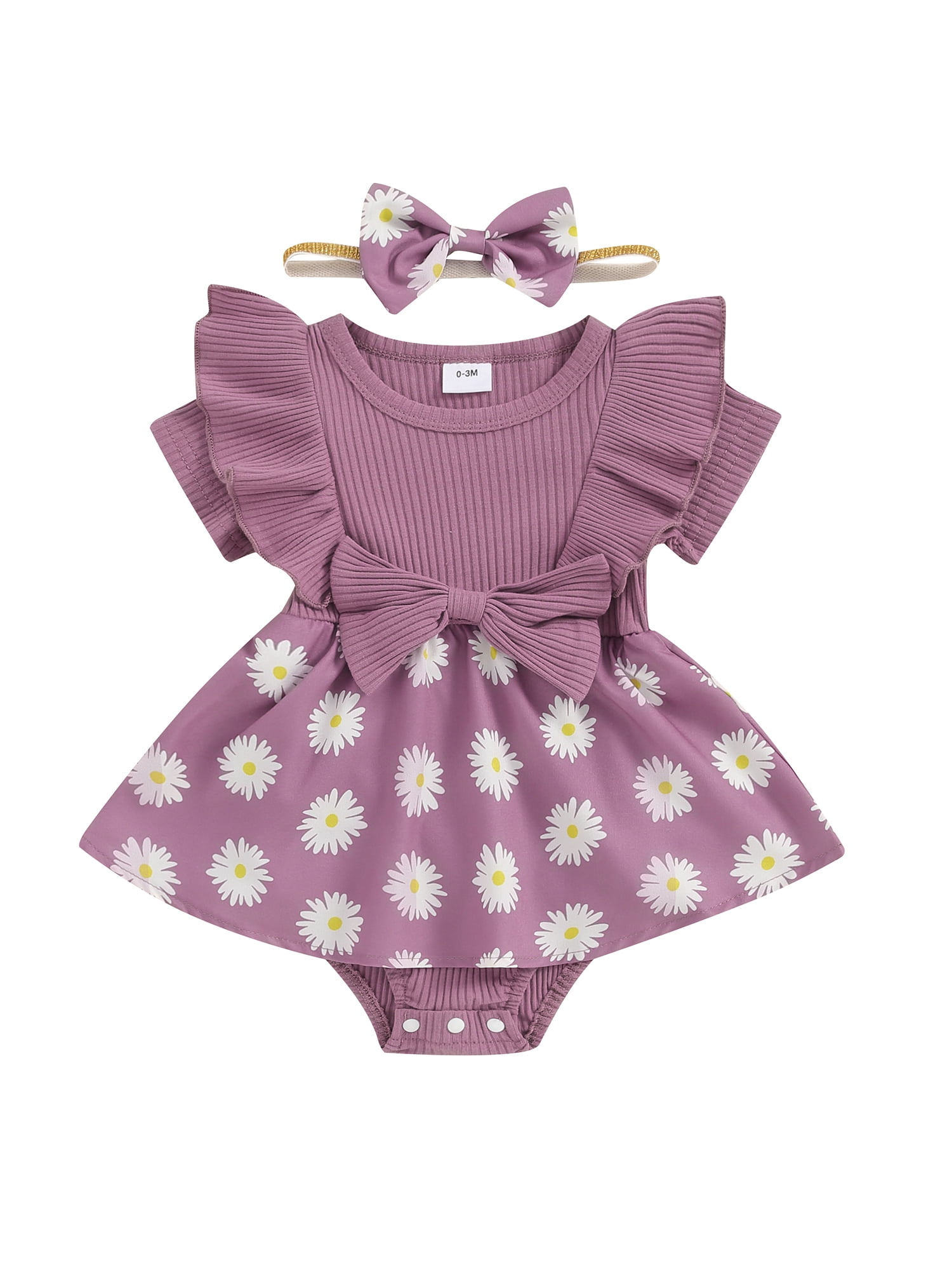 CIYCuIT 3M 6M 9M 12M 18M Baby Girls Sweet Romper Dress Ribbed Short Sleeve Daisy Print Skirt Hem ...