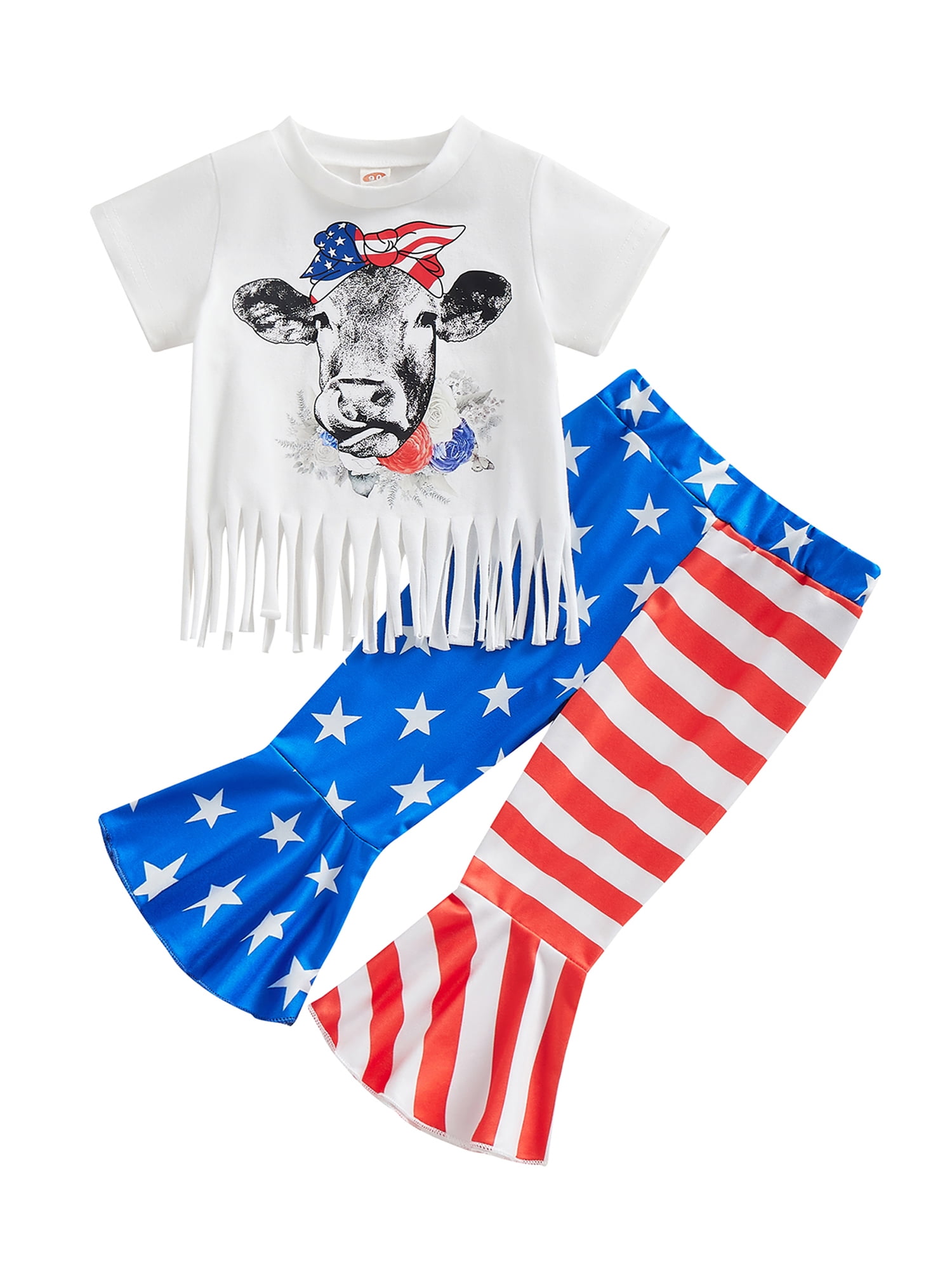 CIYCuIT Toddler Little Girls Independence Day Outfits Short Sleeve Cow Print Tassel Tops + Stars ...