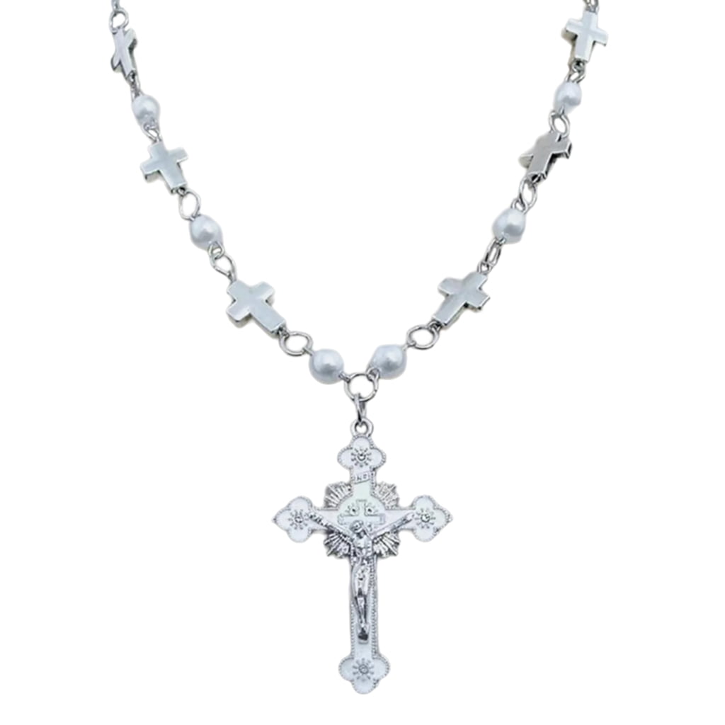 CIYISON Religious Cross Rosary Necklace Pearls Bead Neck Chain ...