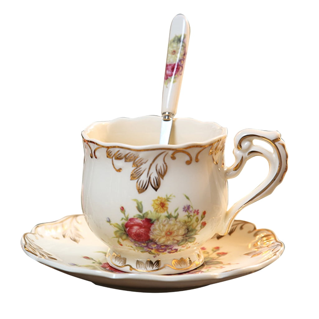 CIYISON Teas Cup and Saucers Set 250 ML Retro Rose Ivory Porcelain ...