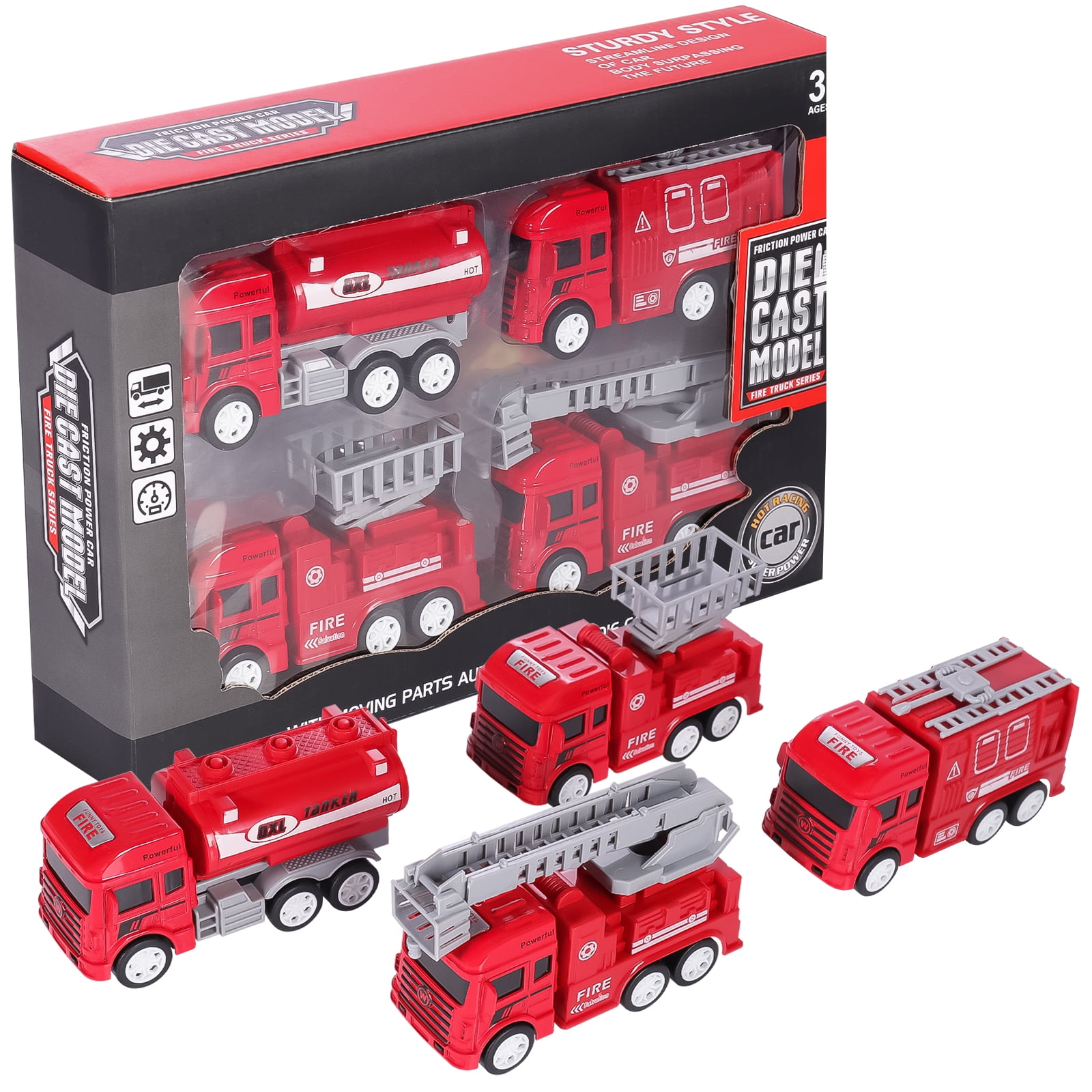 CJC Pull Back Fire Truck Vehicles Play Set, Friction Powered Toy Cars ...