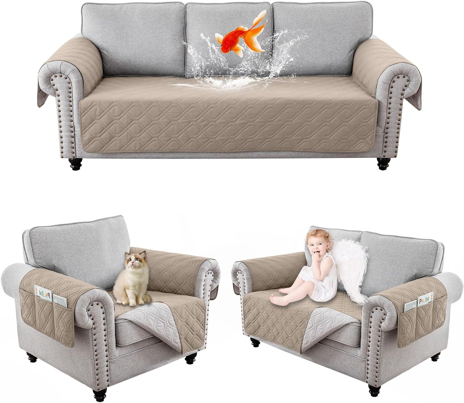 CJC Sofa Covers Set 100% Waterproof Non-Slip Washable Includes 1, 2 and ...