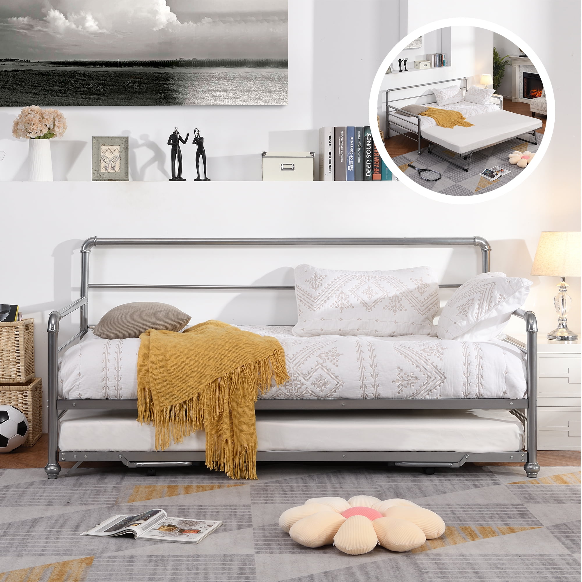 CJC Twin Size Daybed Metal Bed Frame with Adjustable Pop Up Trundle ...