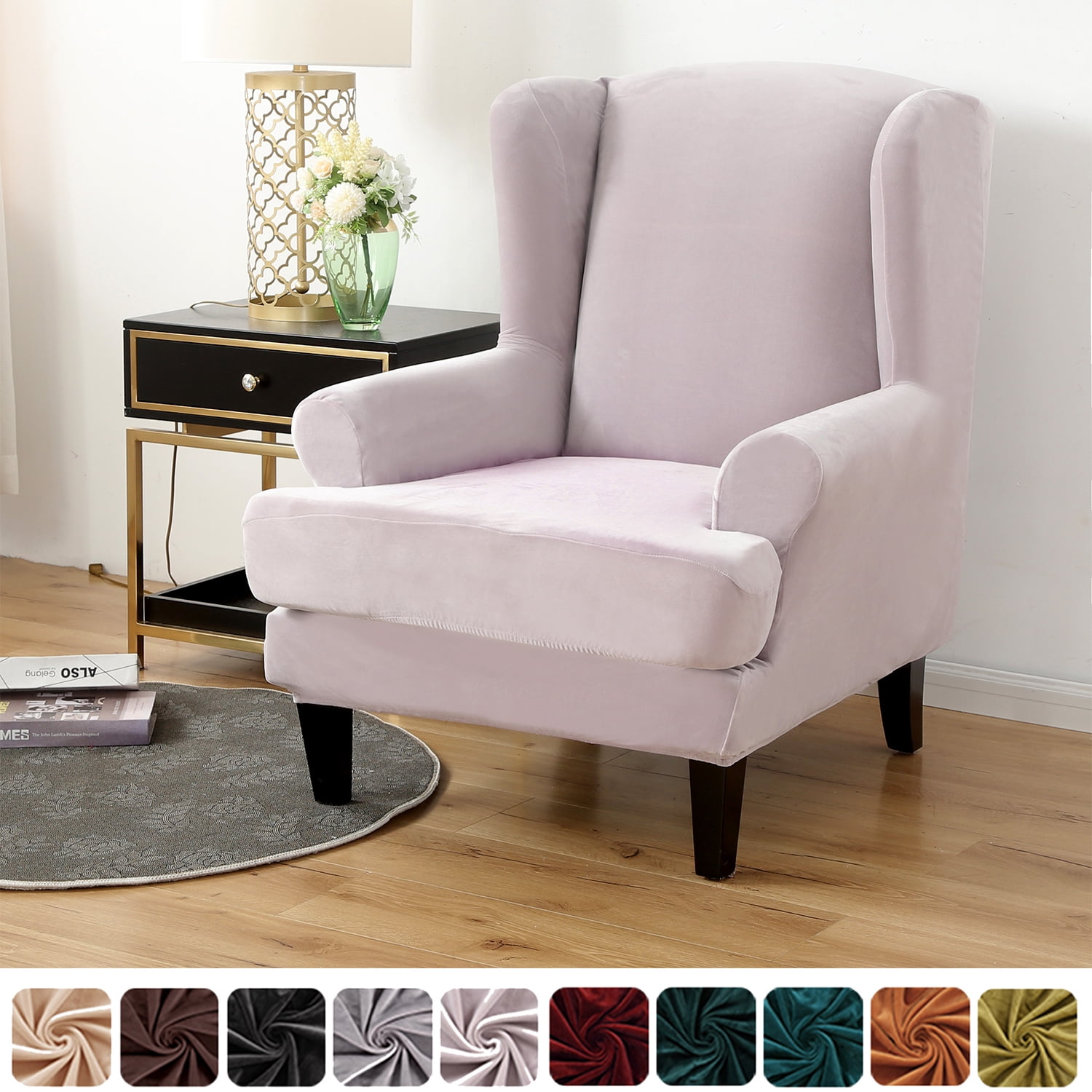 CJC Velvet Wingback Chair Sofa Slipcover 2 Pieces Plush Wing Chair ...