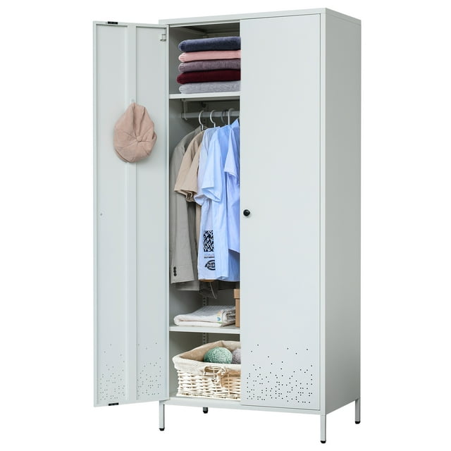 Tall Metal Storage Cabinet, Clothing Armoire with Hanging Rod for ...