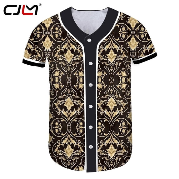 CJLM Baseball Shirt Men Slim Fit Baroque 3D Printing Luxury Golden ...