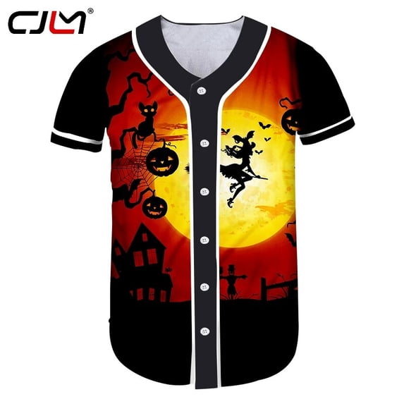 CJLM Large Size Leisure Men's Baseball Shirt 3D Pumpkin And Broom Witch ...