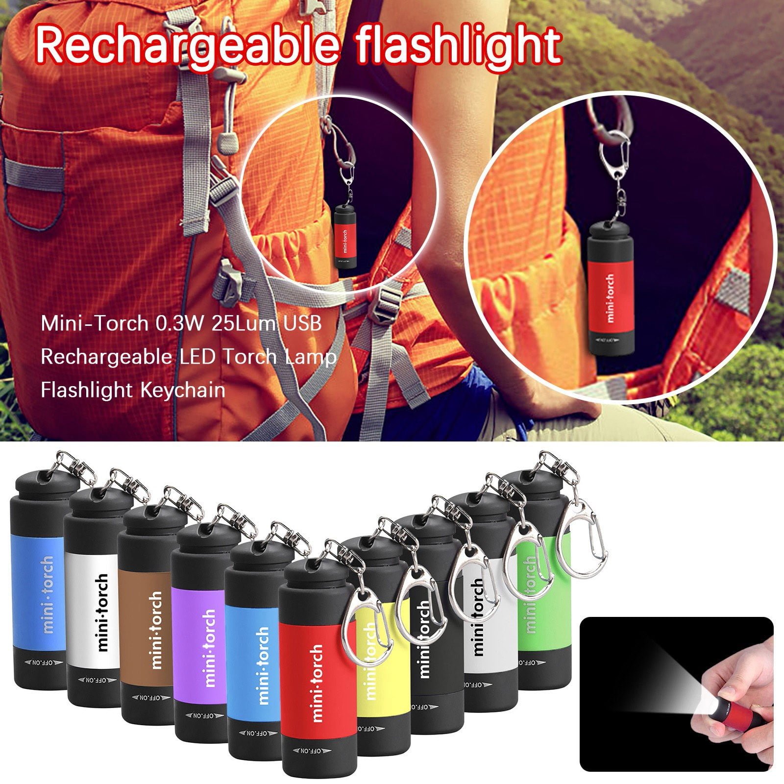 CKDOHAPEL Mini Flashlight Mini-Torch 0.3W 25Lum USB Rechargeable LED ...