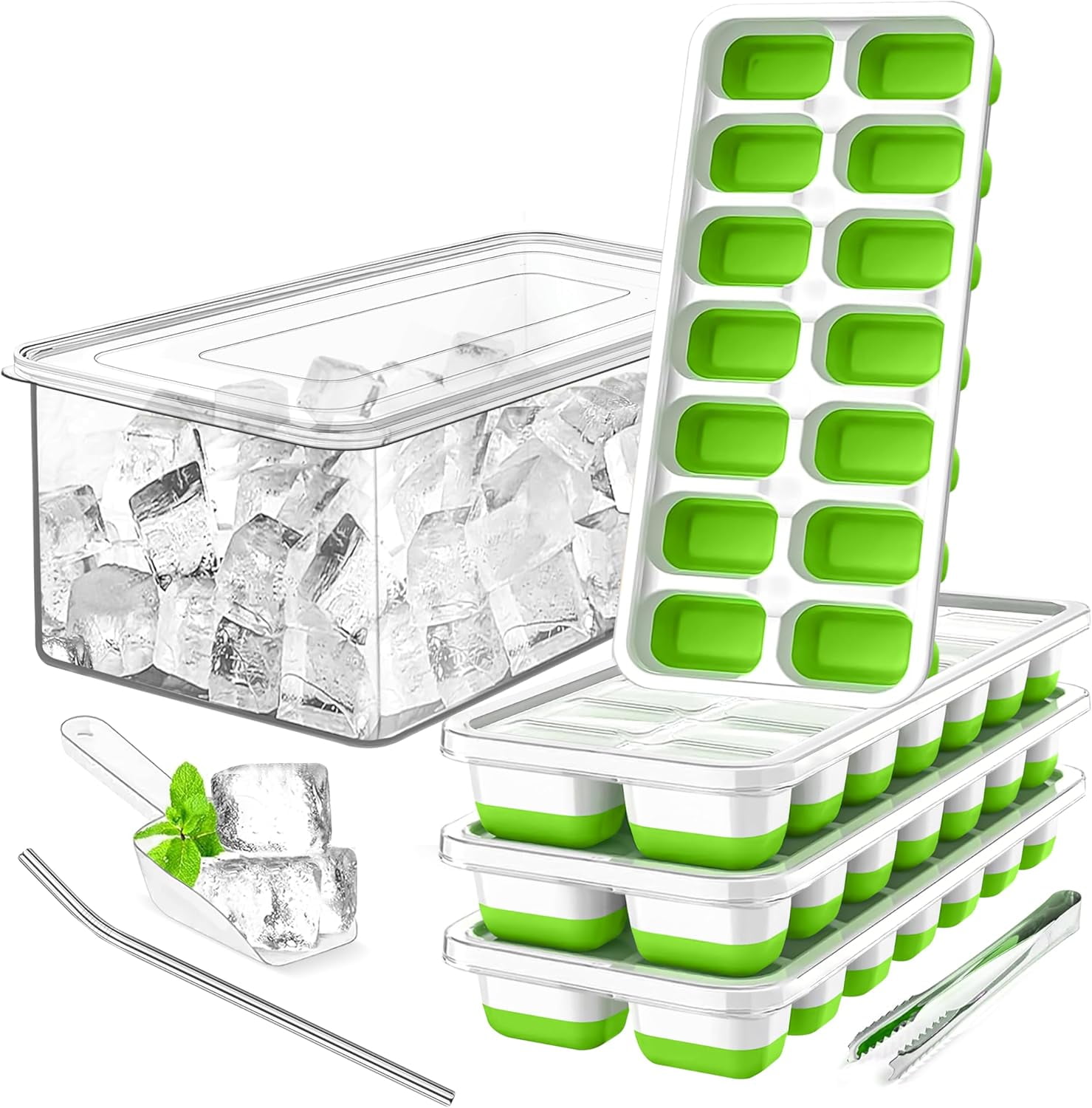 CKE Ice Cube Tray with Lid and Bin (4 Pack, Green) Silicone Plastic Ice ...
