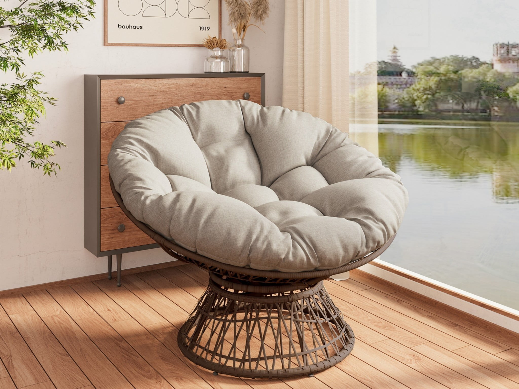 CKEASEAN 41.5" Ergonomic Wicker Papasan Chair with Thick Cushion, High ...