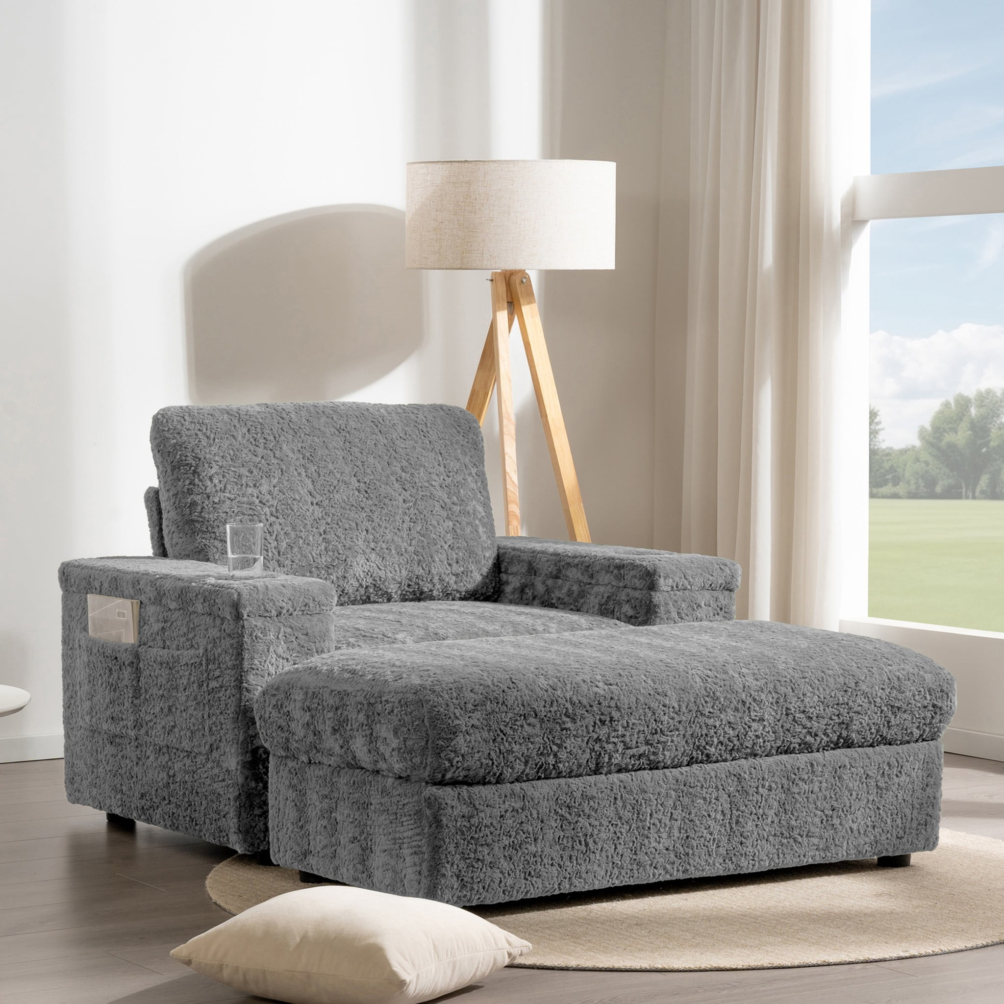 CKEASEAN 42" Oversized Faux Rabbit Fur Chaise Lounge with Storage ...