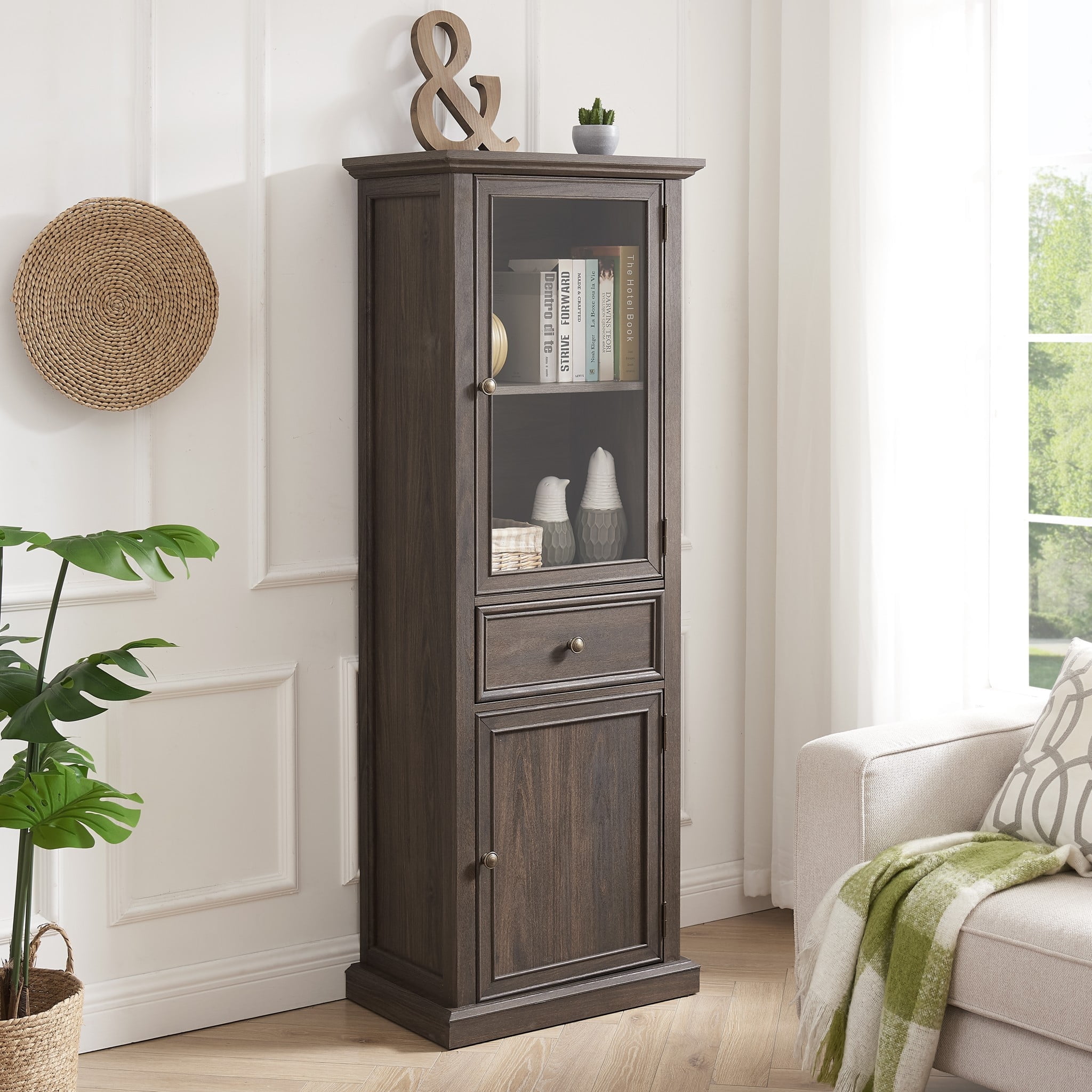 CKEASEAN 65" H Tall Narrow Bookcase with Tempered Glass Door and Drawer ...