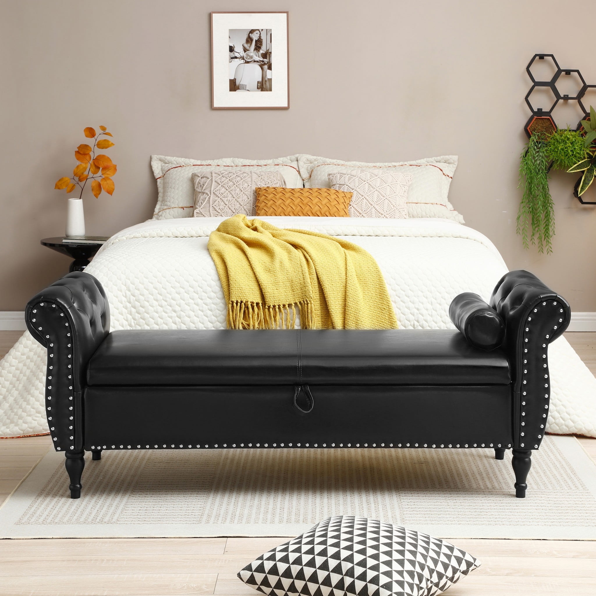 CKEASEAN 63" Velvet Storage Rectangular End of Bed Bench with Arms ...