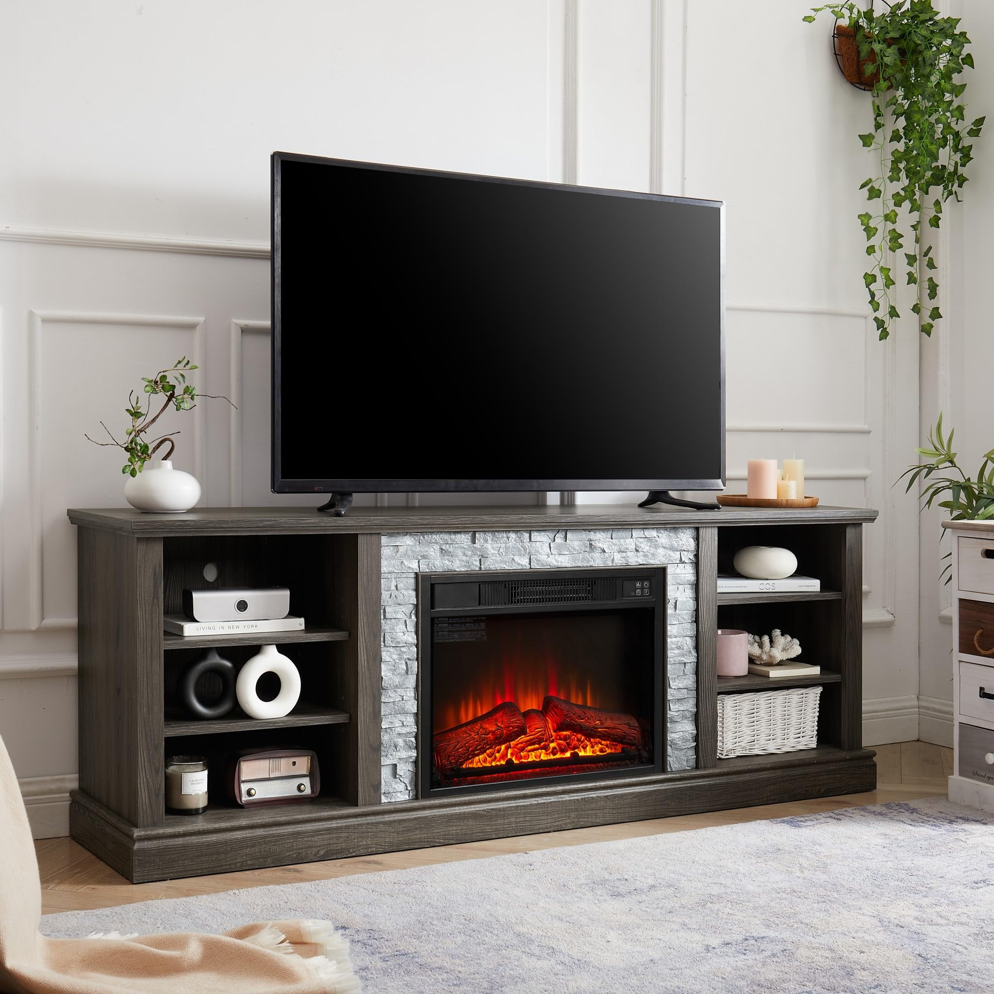 CKEASEAN 70" Modern TV Stand with Realistic Stacked Stone Surround ...