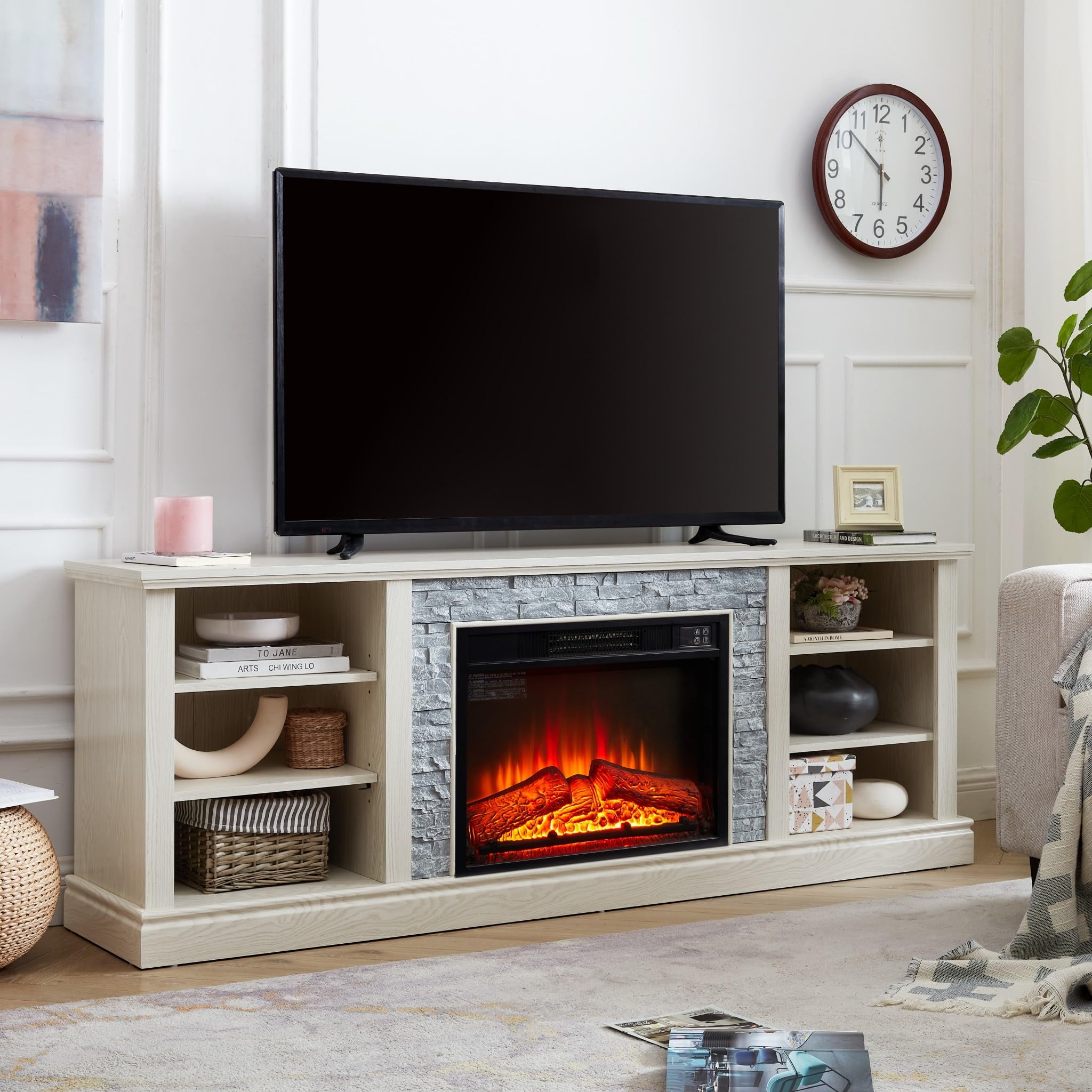 CKEASEAN 70" Modern TV Stand with Realistic Stacked Stone Surround ...