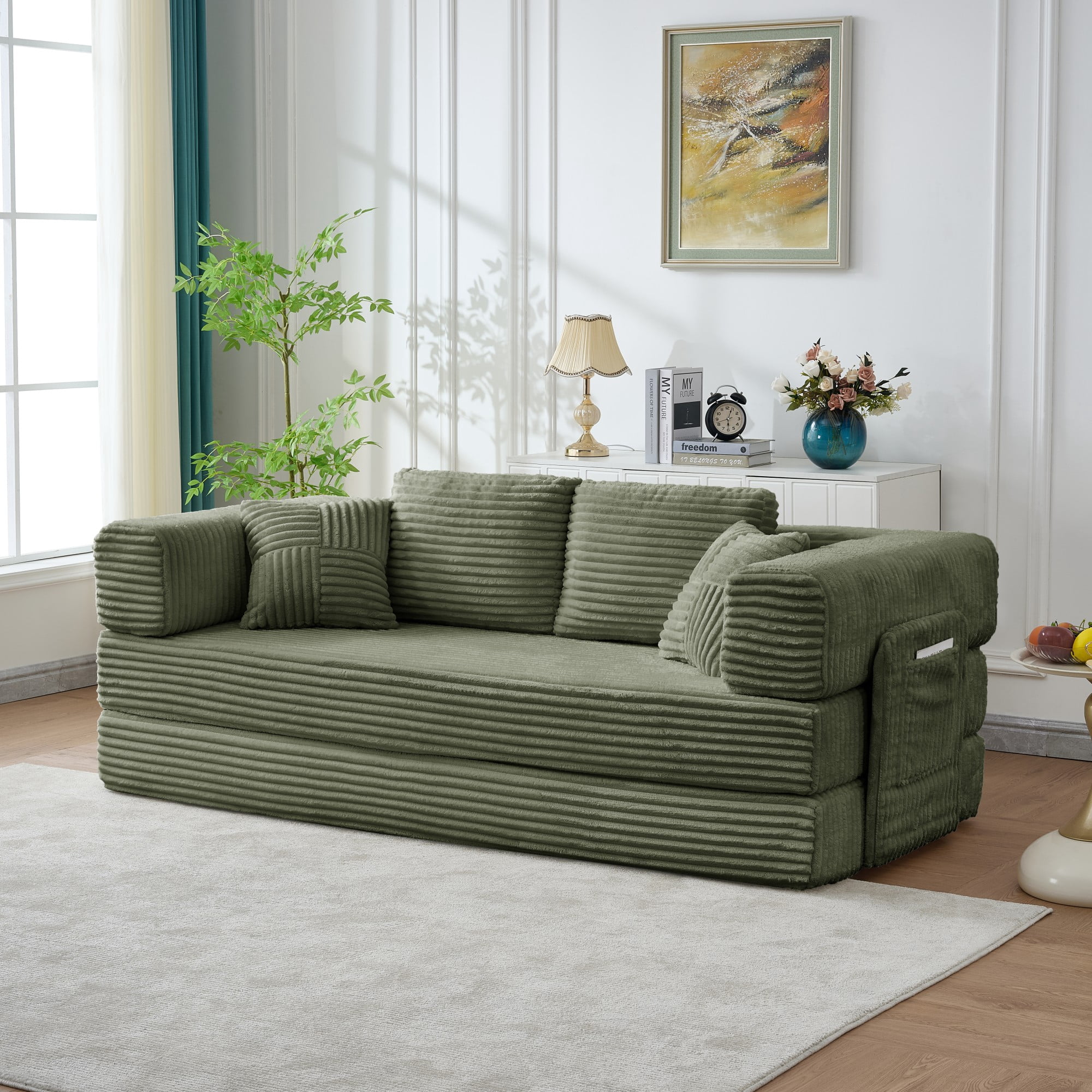 78" Corduroy Boneless Foldable Loveseat Sofa with 4 Cylindrical Pillows ...