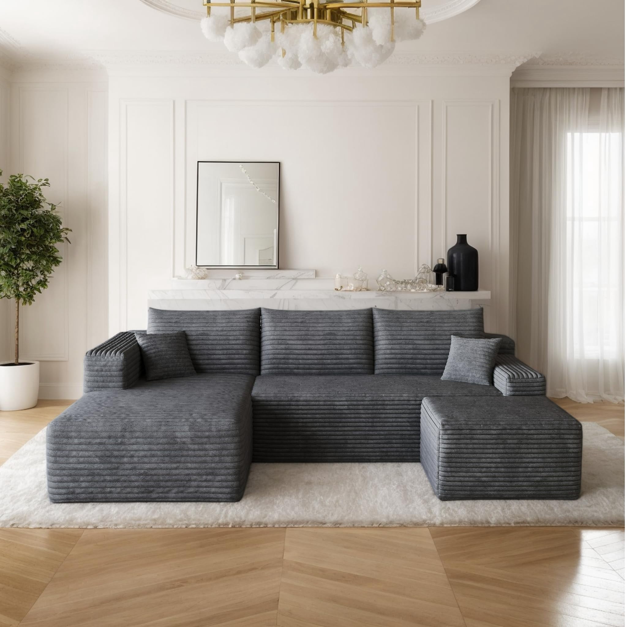 CKEASEAN 96" Corduroy Upholstered Boneless Couches with Chaise/Ottoman ...