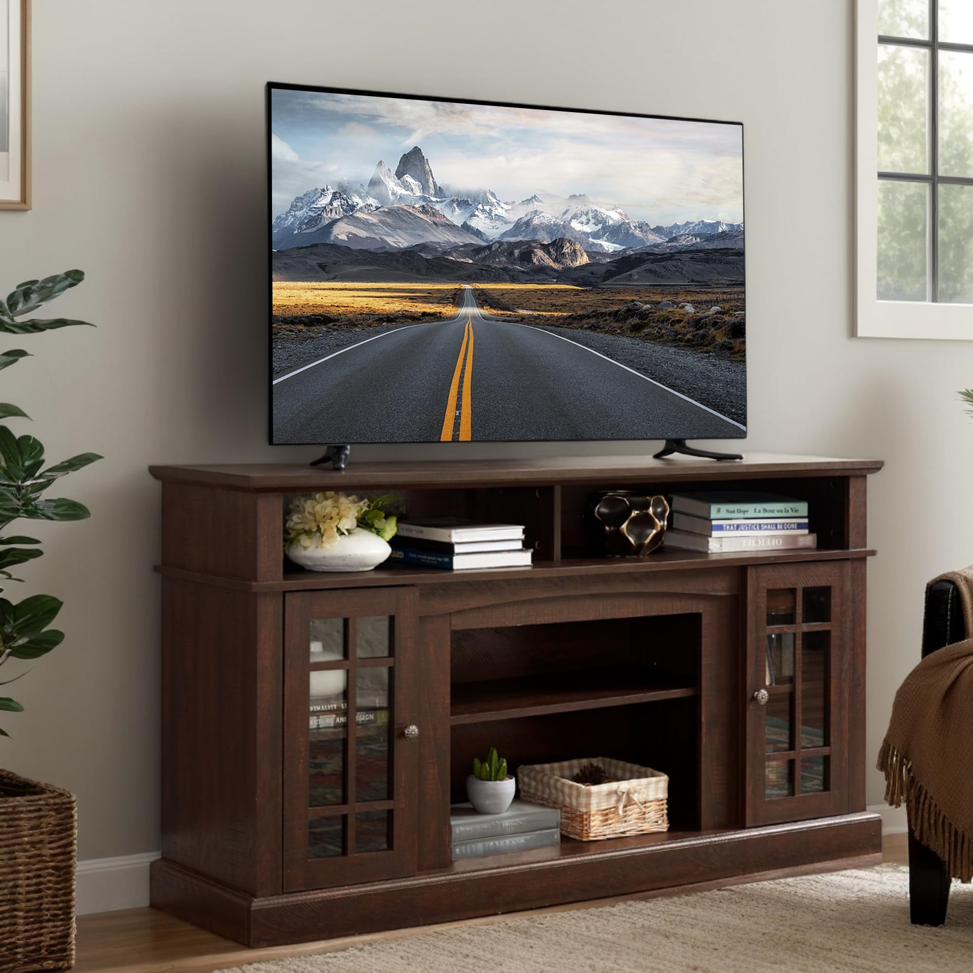 CKEASEAN Traditional American Country Style TV Stand with Glass Door ...