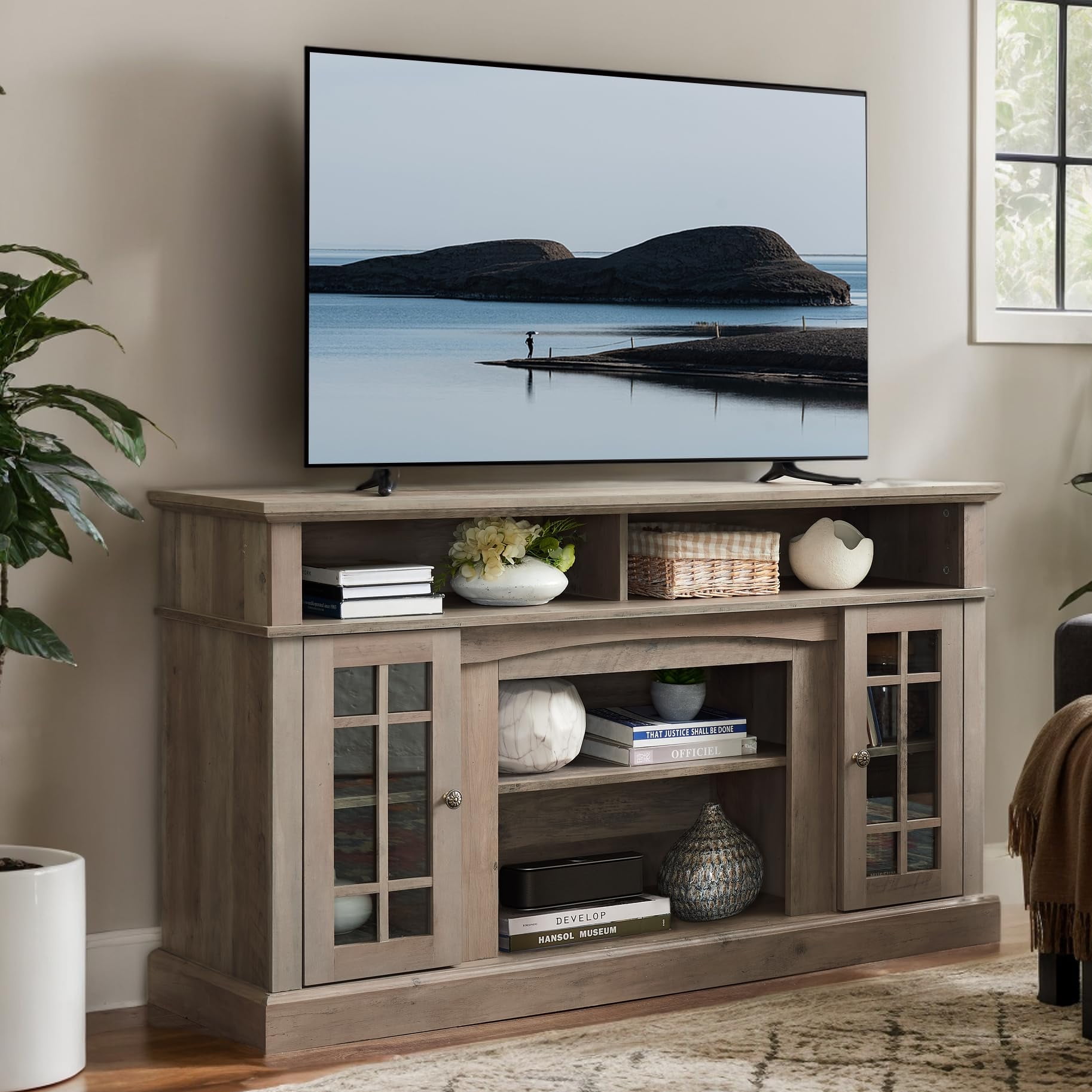 CKEASEAN Traditional American Country Style TV Stand with Glass Door ...