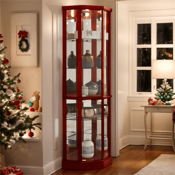 CKEASEAN Corner Curio Cabinet, 70" Tall Lighted Glass Display Cage with ...