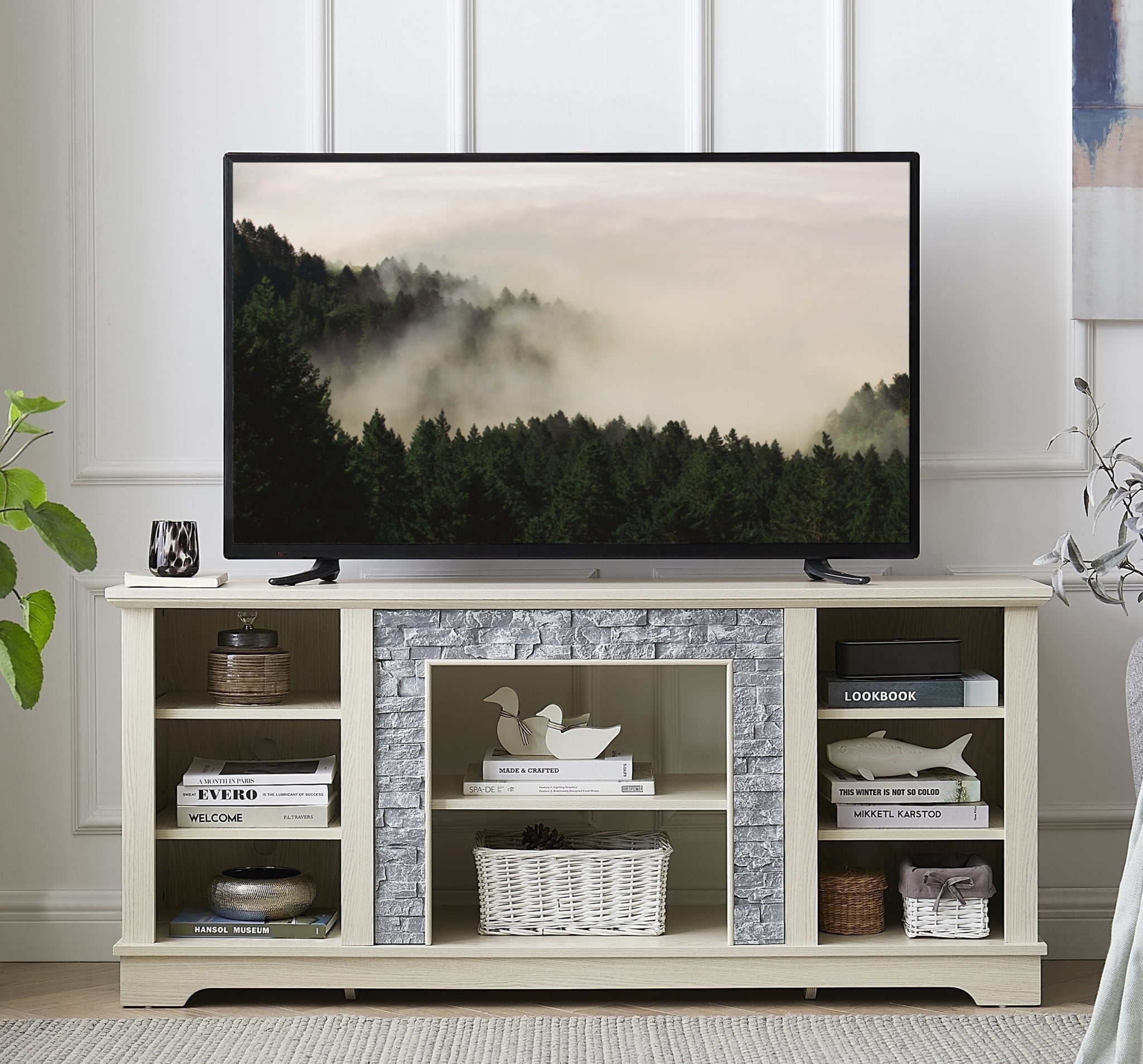 CKEASEAN 58" Modern TV Stand with Realistic Stacked Stone Surround ...